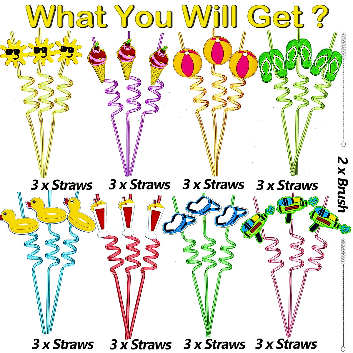 24 Pieces Beach Theme Reusable Shape Straws, Drink Straws Beach Ball Pool Summer Birthday Party Favor Decorations with 2 Cleaning Brushes 8 Color Straws