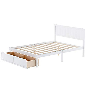 Modern Solid Wooden Platform Bed with Large Drawer Low Bed Frame with Headboard, No Box Spring Needed/Easy Assembly, Full White