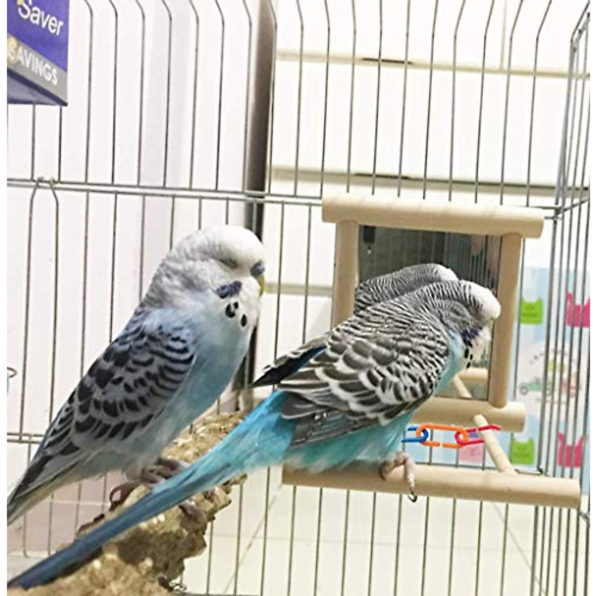 Bird Mirror Wooden Hanging Swing Interactive Play Toys for Small Parrot Budgies Macaw African Grey Parakeet Cockatiel Conure Lovebird Cage Accessories (Bird Mirror Perch Stand-2 PCS)