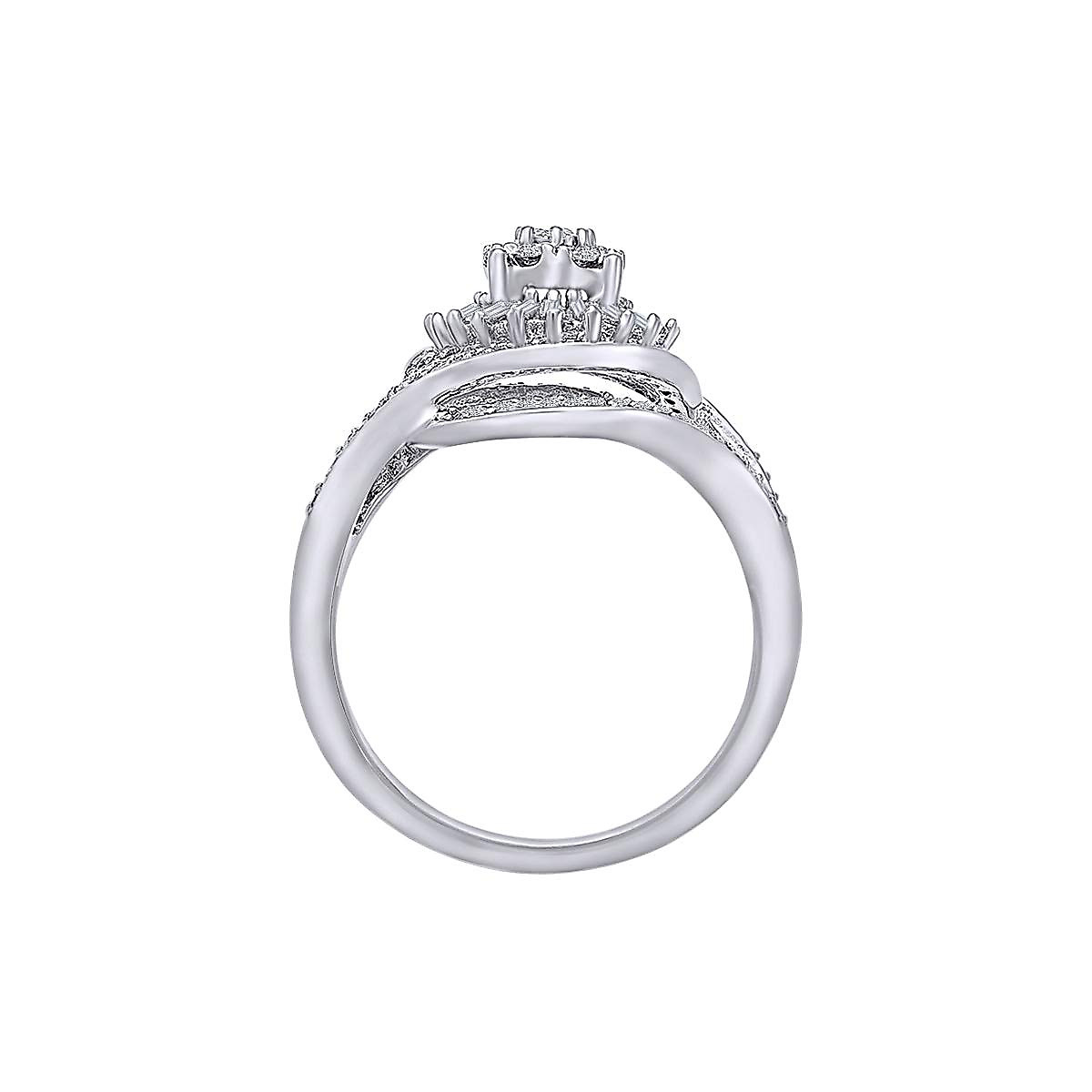 AFFY 1/2 CT Round/Baguette Natural Diamond Starburst Cluster Ring 14K White Gold Over Sterling Silver (I-J Color, I2-I3 Clarity, 0.50 Cttw) Ring Size-8