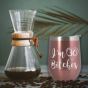 I'm 30 Funny 30th Birthday Gifts for Women/Rose Gold 12 oz Insulated Double Wall Stainless Steel Tumbler/Cup/Mug/Travel Wine Glass w/Lid & Straw/Bday Decorations/Present Ideas for her,Wife,Mom,Sister