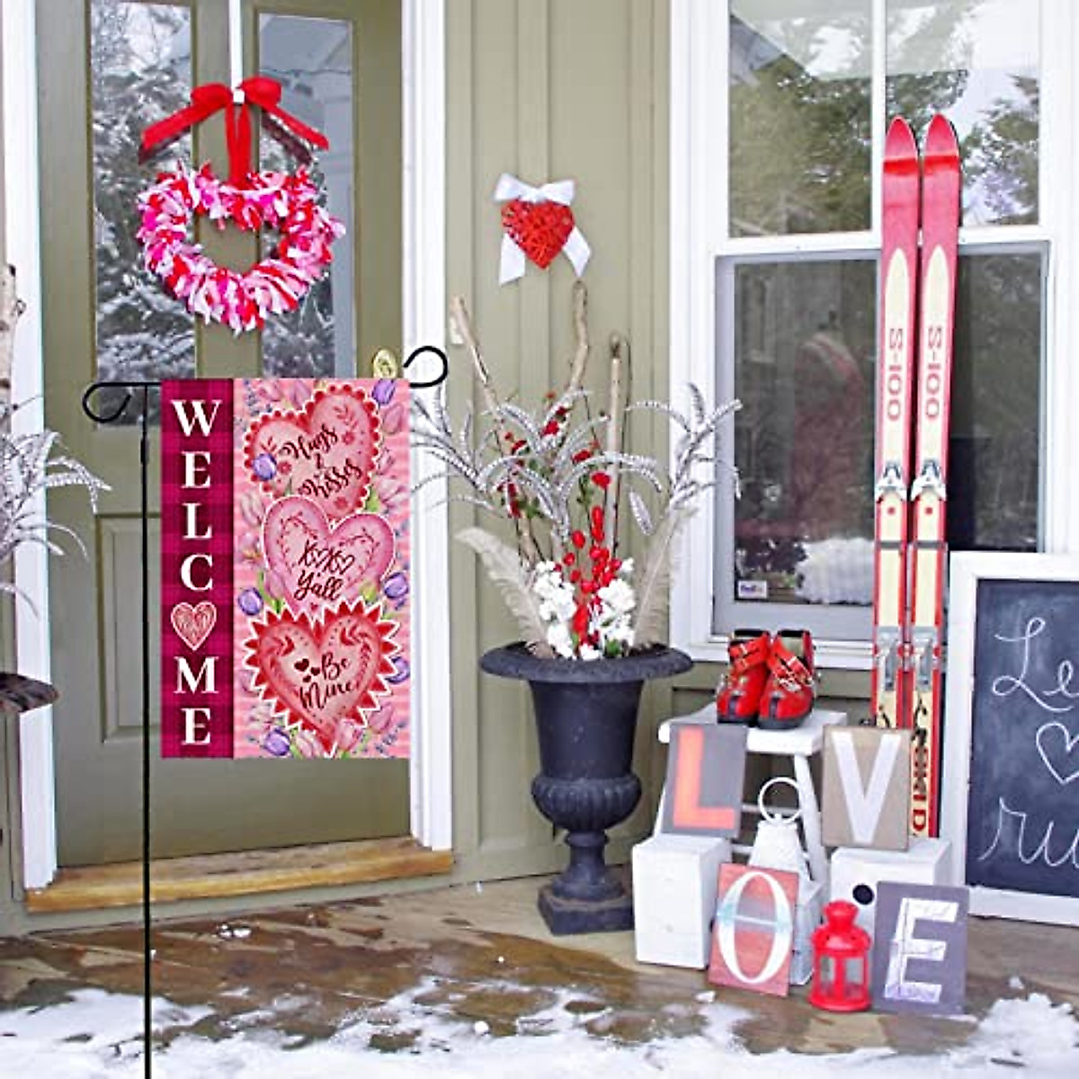 Baccessor Valentine's Day Welcome Garden Flag Double Sided Tulips Hugs Kisses Be Mine Love Heart Burlap Flag 12.5x18 inch Spring Seasonal Holiday Yard Outdoor Decoration