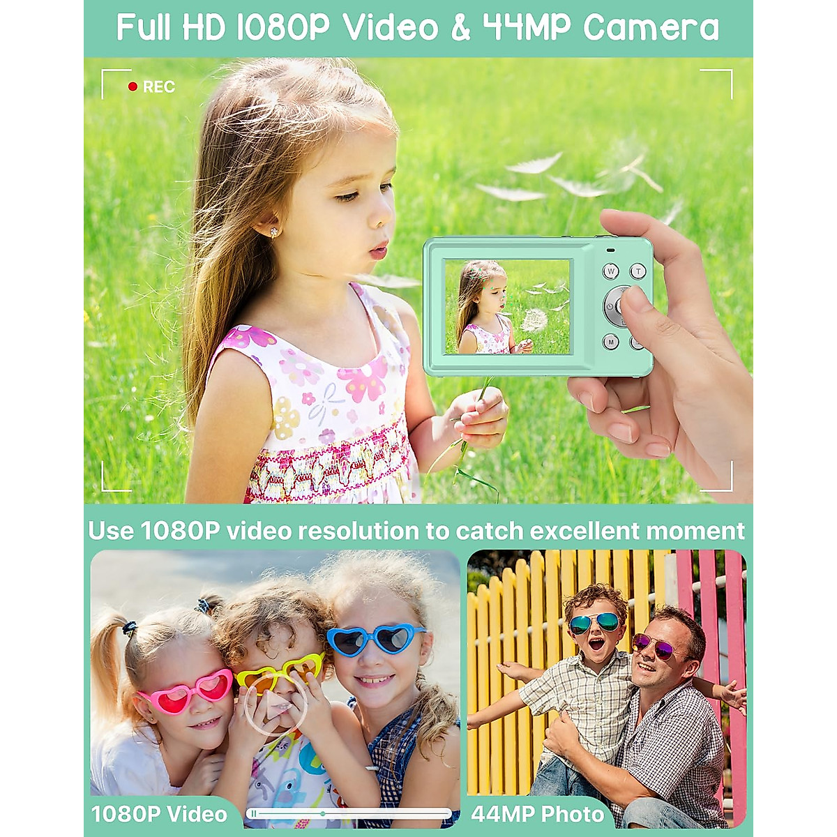 Digital Camera, FHD 1080P Kids Camera 44MP Compact Digital Camera with 32GB Card, 1 Batteries 16X Digital Zoom Point and Shoot Digital Cameras Gift for Kids Boys Girls Teens (Green)