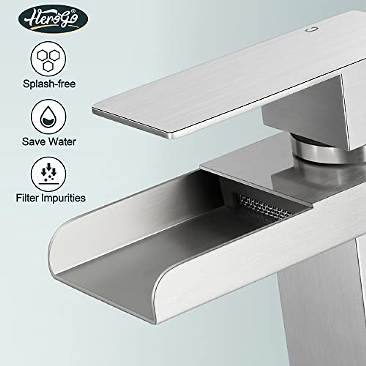 Herogo Waterfall Bathroom Faucet, Brushed Nickel Bathroom Faucets for Sink 1 or 3 Hole with Brass Pop Up Drain, Stainless Steel Single Handle Vanity RV Lavatory Mixer Tap with 2 Water Hoses