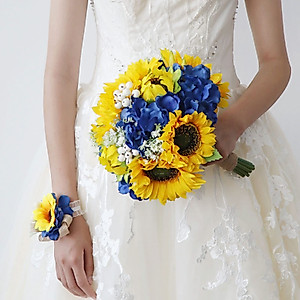 SMLJFO 2Pcs Artificial Flower Wrist Corsage Groom Boutonniere Sunflower Bride & Bridesmaid Corsage Wristlet Wedding Hand Flower Decor for Prom Suit Party Homecoming Graduation