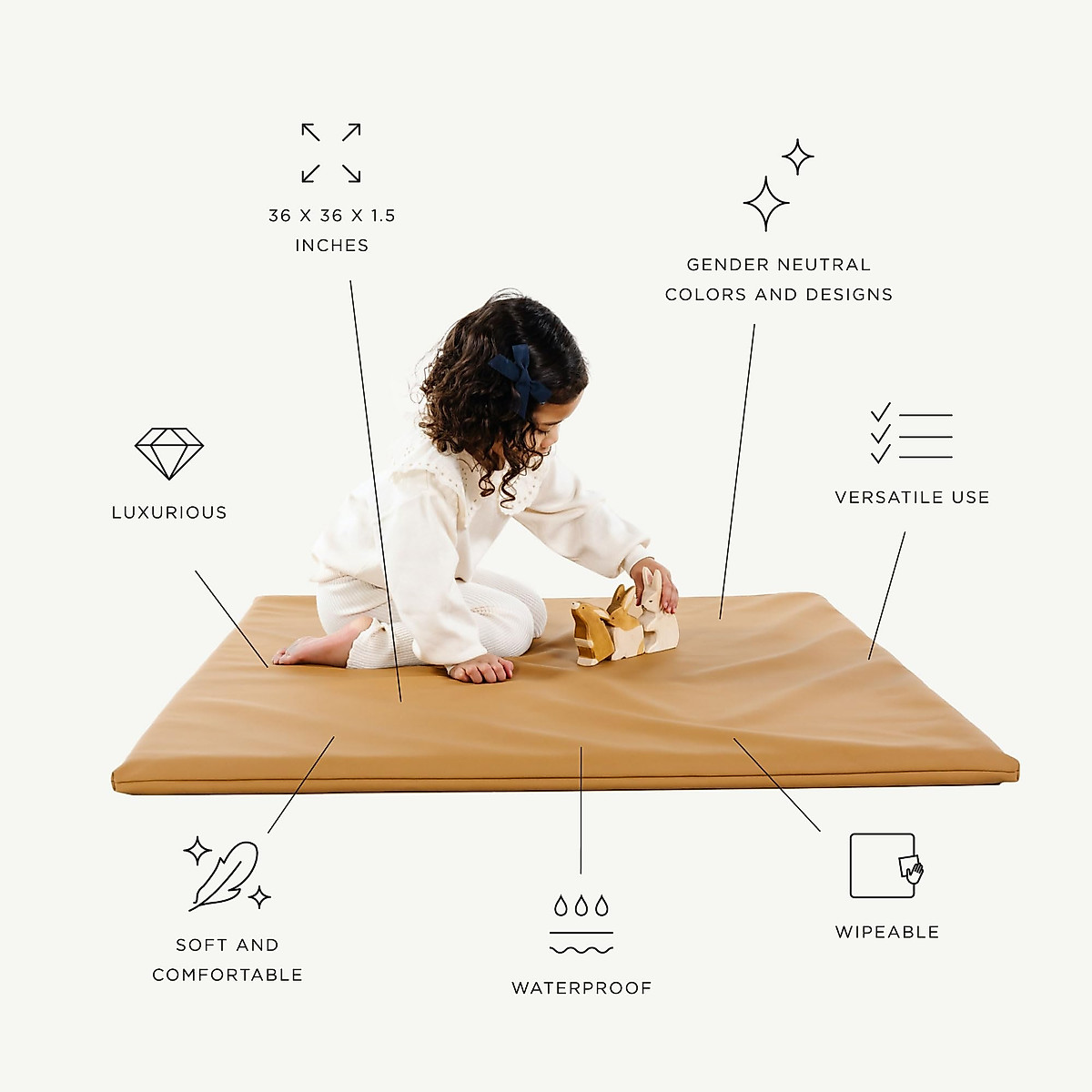 Baby Play Mat - Premium Padded Square Floor Mat by Gathre, Wipeable & Water Resistant Play Pad for Kids, Toddlers, and Babies, Foldable and Soft Crawling Playmat (36 x 36 x 1.5 inches, Camel)