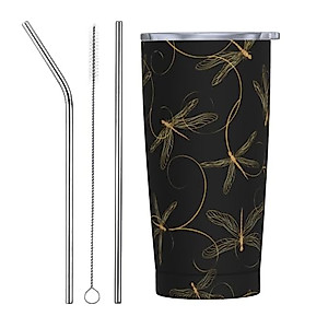 20oz Tumbler Golden Dragonfly Double Wall Vacuum Insulated Coffee Mug with Lid and Metal Straw Brush Reusable Stainless Steel Water Bottle Travel Cup Gifts for Car Ice Drinks Hot Beverage