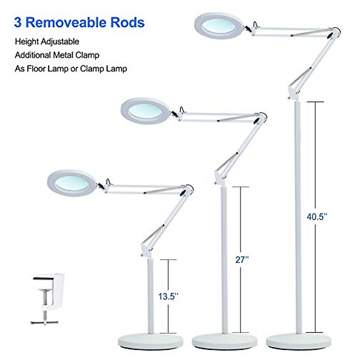 Psiven Magnifying Glass Floor Lamp, Dimmable LED Magnifying Lamp with Clamp - 12W, 3 Lighting Modes, 5 Diopter, Height Adjustable - Super Bright Floor Lamp with Magnifier for Reading, Craft, Task