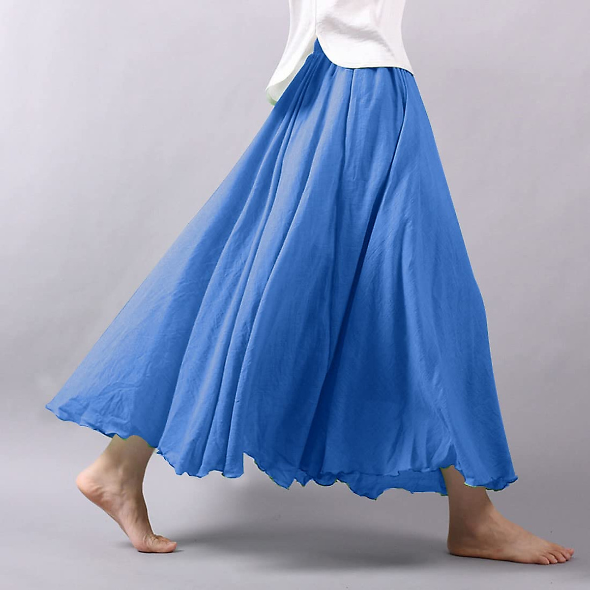 ASHER FASHION Women's Bohemian Style Elastic Waist Band Cotton Linen Long Maxi Skirt Dress (85CM, Denim Blue)