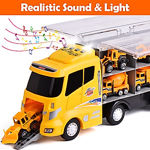 LOYEH 18 in 1 Die-cast Construction Truck Kids Play Vehicles Toy Set, Construction Toy Truck with 12 Construction Vehicles and 8 Toy Figures, Lights and Sounds, Kids Birthday Gifts