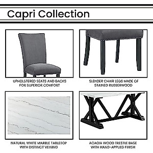Hanover 7-Piece Linen Side Top and Wood Capri Modern w/White Marble Tabletop, Black Trestle Style Base, and 6 Comfortable Upholstered Foam Room Chairs, Farmhouse Dining Table Set, Natural, Gray