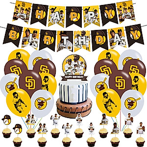 Baseball Team of San-Diego Birthday Party Decorations, Baseball Theme Party Supplies with Happy Birthday Banner, Cake Topper, Cupcake Toppers, Balloons for Kids Adults Birthday Party Favors