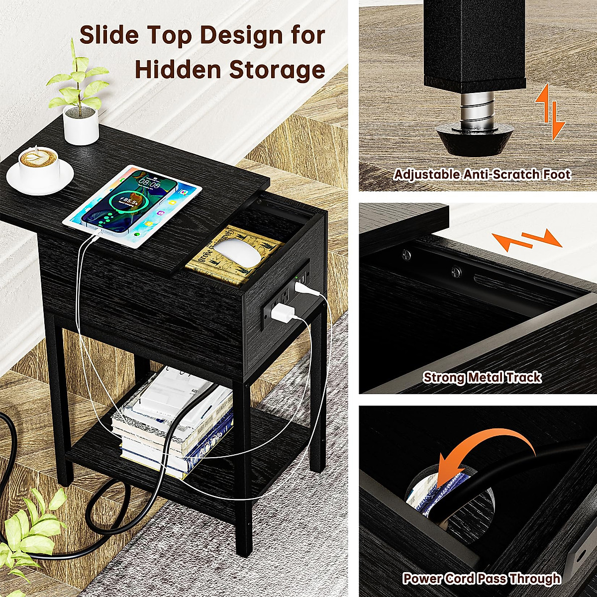 SZLHANJZ Narrow Nightstand, Small End Table with Charging Station, Bedside Table with Storage and Shelf for Small Spaces, 2 Tier Side Table for Living Room Bedroom, Black