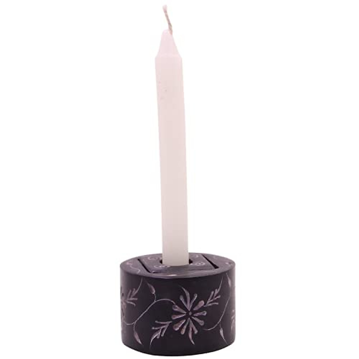 KC KULLICRAFT Hand Carved Black Soapstone Incense Holder | Candle Stick Burner | Tea Light Stand. Decorative Round Shape Carving for Home and Office Decor. (2.5 x 2.5 x 2 Inches)