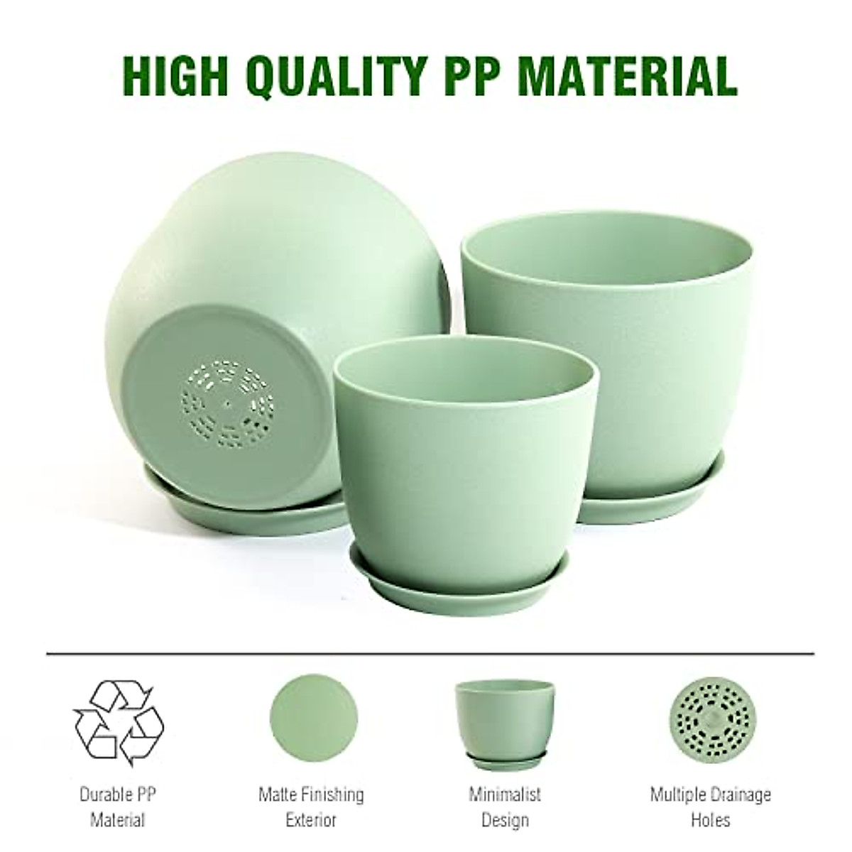 WOUSIWER Plant Pots 10/9/8 inch, Set of 3 Modern Decorative Plastic Planters with Drainage Holes and Saucers for House Plants Indoor Flowers Plants, Green