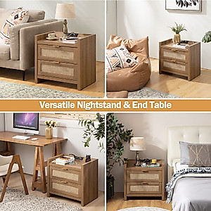 SICOTAS Night Stand Set of 2 - Rattan Nightstands with Type-C Charging Station, 2 Rattan Drawers - Boho Wood Bed Side End Table for Small Space - Natural Oak