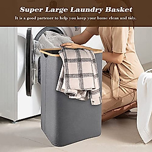Large Laundry Basket with Lid - Collapsible Laundry Basket with Bamboo Handles, 100L Laundry Hamper for Clothes and Toys Storage, Hampers for Laundry with Inner Bag for Bathroom, Bedroom Grey