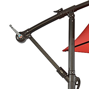 Sun-Ray 811045 10' Round Cantilever 8-Rib Offset Solar Patio Umbrella, 24 LED Lights, Crank with Adjustable Tilt, Cross Base, Aluminum Frame, Scarlet/Red