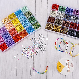 QUEFE 6480pcs Glass Seed Beads 4mm Bracelet Beads for Jewelry Making Kit, Small Waist Craft Beads, 260pcs Alphabet Letter Beads with Elastic String Cords and Charms