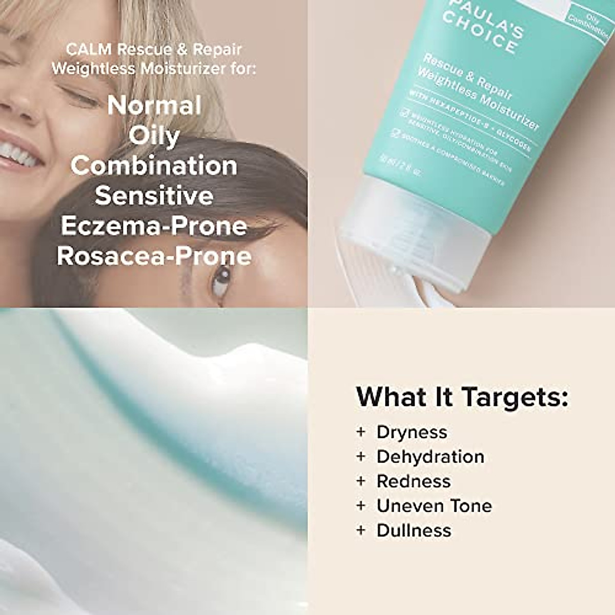 Paula's Choice CALM Rescue & Repair Moisturizer for Sensitive, Oily + Combination Skin, Soothes Redness, Suitable for Rosacea-Prone & Eczema-Prone Skin, Fragrance-Free & Paraben-Free, 2 Fl Oz