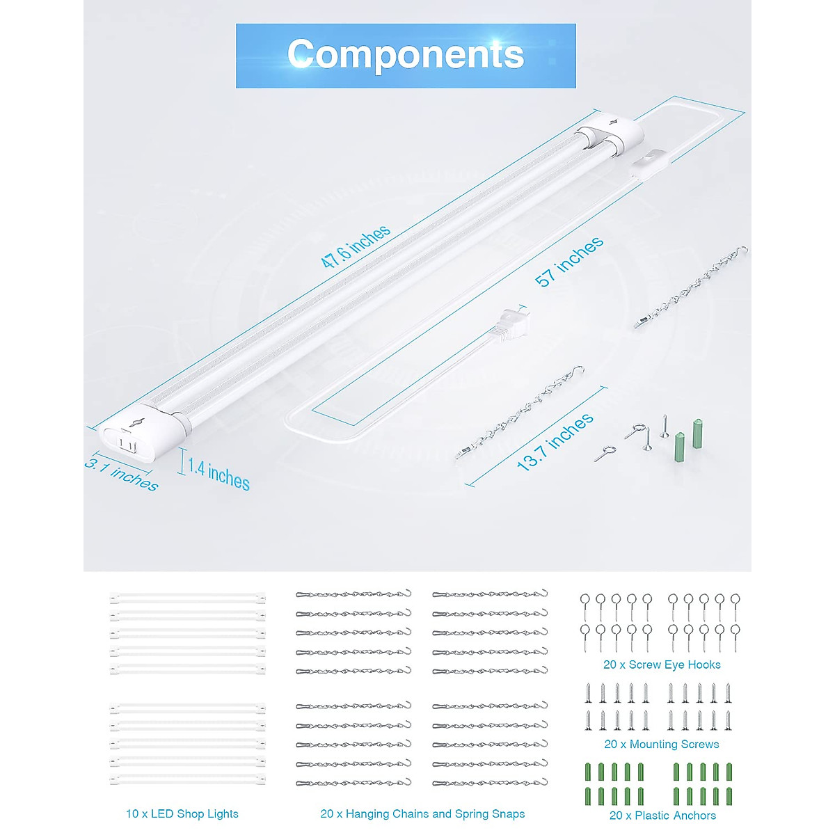 Ensenior 10 Pack Linkable Led Shop Light 4ft for Garage, 4400 High Lumens, 36W Equivalent 280W, 5000K Daylight, 48 Inch Utility shop led lights, Surface or Hanging Mount Fixtures, White, ETL Certified