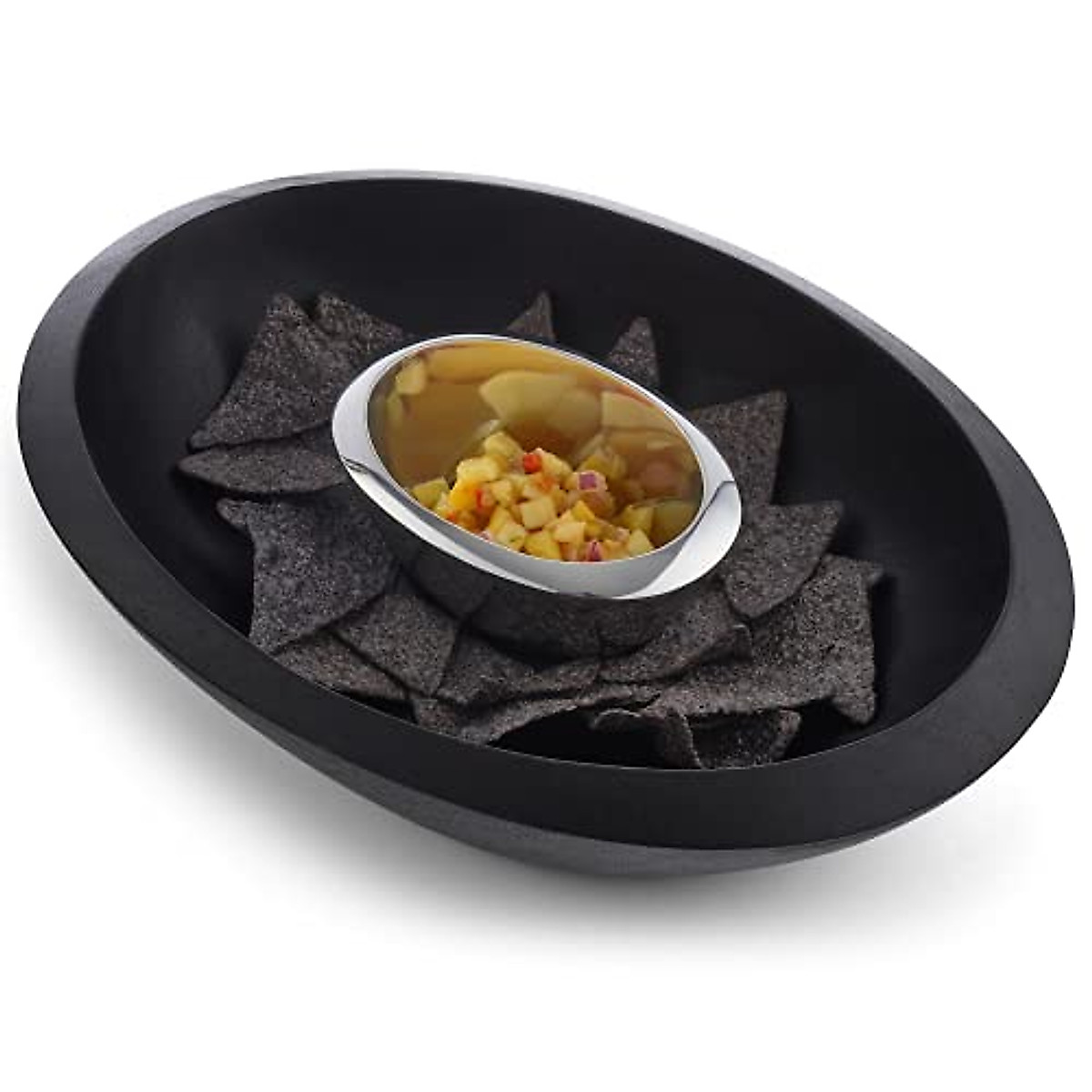 Nambe - Noir Collection Dark Stained Acacia Wood Chip & Dip Serving Bowl with Nambe Alloy Dip Bowl - Measures at 16" x 11" - Made with Acacia Wood and Nambe Alloy - Designed by Steve Cozzolino