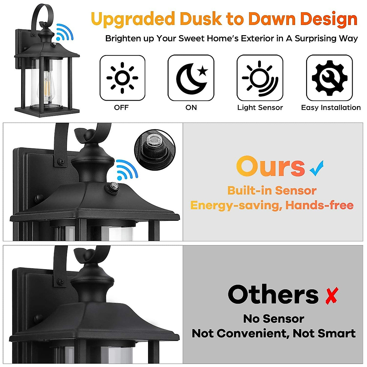 2-Pack Dusk to Dawn Sensor Outdoor Wall Lantern, Exterior Wall Mount Light Fixture with E26 Base Socket, 100% Anti-Rust Aluminum Waterproof Porch Light, Clear Glass Matte Black Wall Sconce for Doorway