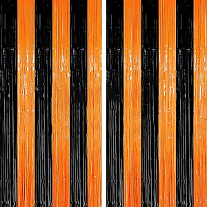2 Packs 3ft x 8.4ft Orange Black Metallic Tinsel Foil Fringe Curtains Photo Booth Props for Halloween Birthday Bridal Shower Baby Shower Bachelorette Holiday Celebration Party Decorations