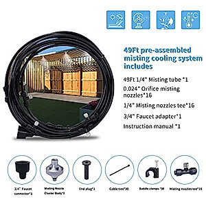 Fogalnd Patio Misting System : Outdoor Misting System 49ft Misting Cooling System with 16pcs 0.024" Orifice Thread Stainless Steel Misting Nozzle for Garden Greenhouse Gazebo
