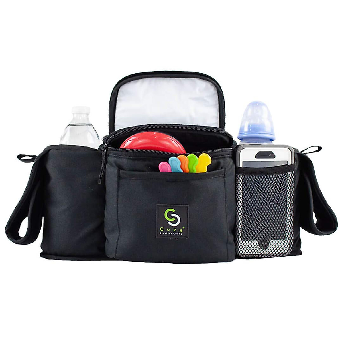 Cozy Stroller Caddy Organizer (Black, Insulated) - Everything Mom Needs on Stroller - 2 Deep Cup Holders, 3 Separate Spaces, Front Cellphone Holder, Wallets, Diapers, Milk