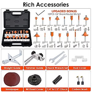THINKWORK Compact Router, 6.5-Amp 1.25 HP Compact Wood Palm Router Tool, 6 Variable Speeds Wood Trimmer with 15 Pieces 1/4" Router Bits Set, 30000R/MIN
