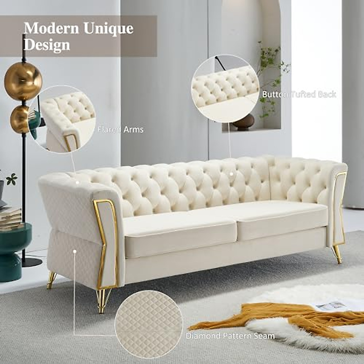 Tmsan 87.4" Velvet Sofa Couch, Mid-Century Modern Chesterfield Loveseat Classic Button Tufted 2 Seater Couch with Golden Legs for Living Room Office Bedroom (Beige)