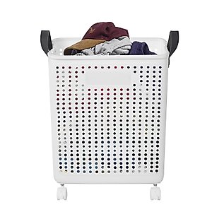 WUSILILU Dirty Clothes Hamper with Wheel, 14.8 * 12.2 * 19.7in PP Folding Laundry Hamper Large Rolling Clothes Basket Organizer for Closet, Laundry Room, Dormitory, Bedroom, Bathroom (White, Small)