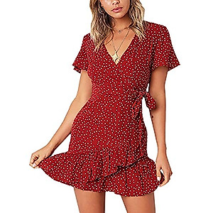 Women's Summer Short Sleeve Wrap Dress Polka Dot Floral Print V Neck Waisted Layer Ruffle Hem Mini Dresses (Red, Medium)