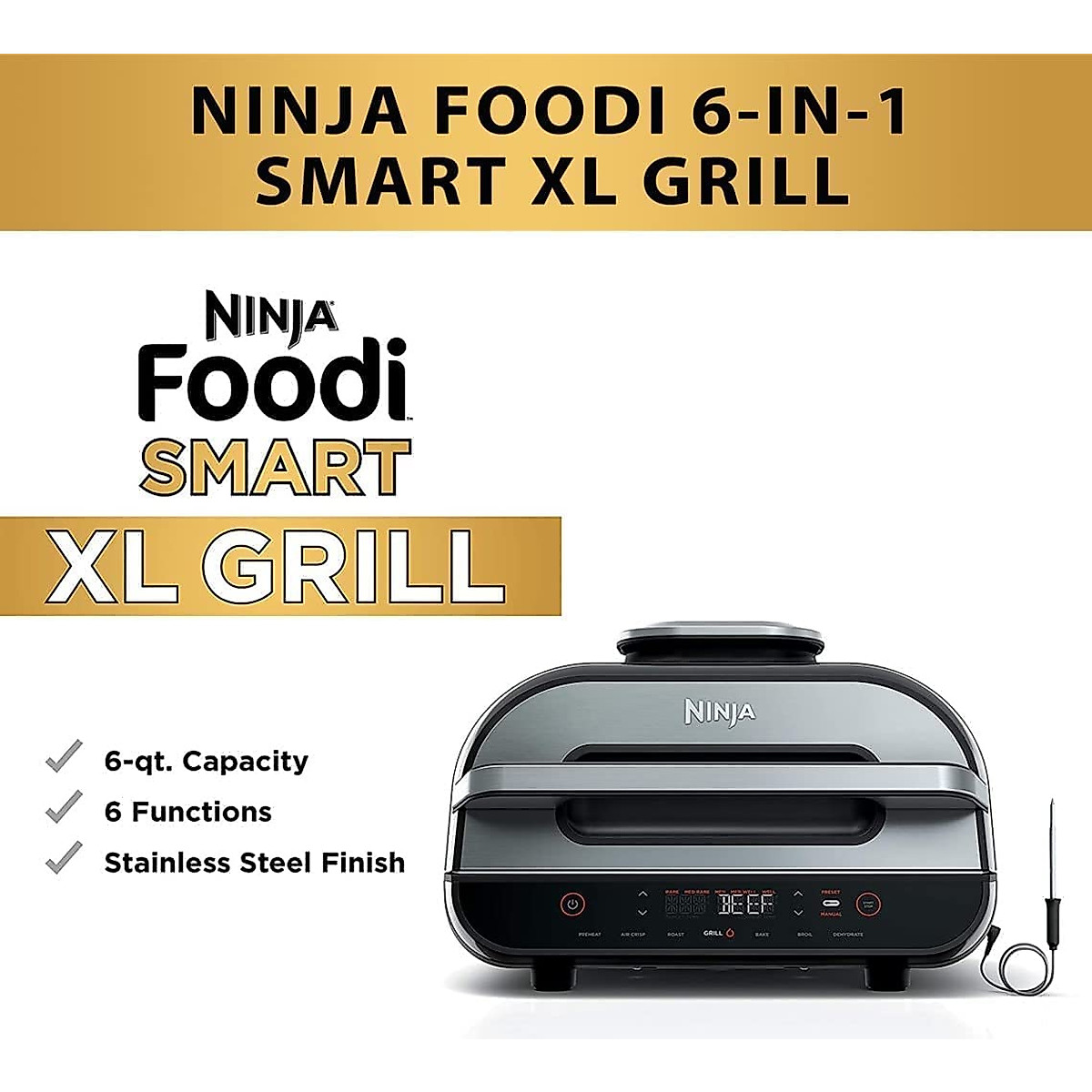 Ninja FG551 H Foodi Smart XL 6-in-1 Indoor Grill (Cinnemon/RED) with 4-Quart Air Fryer Roast Bake Dehydrate Broil and Leave-In Thermometer, with Extra Large Capacity, and a Stainless Steel Finish (Renewed)