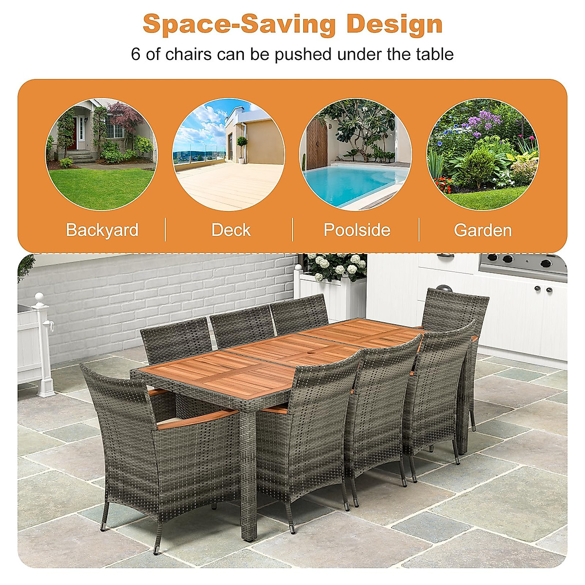 HAPPYGRILL 9 Pieces Outdoor Dining Set, Acacia Wood and Rattan Furniture Set with 1 Large Rectangular Table and 8 Chairs with Cushions, Patio Wicker Dining Table and Chairs Set