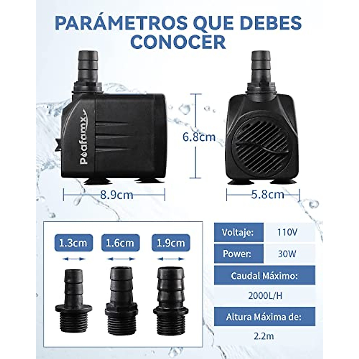 Poafamx 550GPH Submersible Pump 30W Ultra Quiet Aquarium Water Pump with 7.2ft High Lift Fountain Pump 3 Nozzles for Pond Hydroponics Statuary Fish Tanks