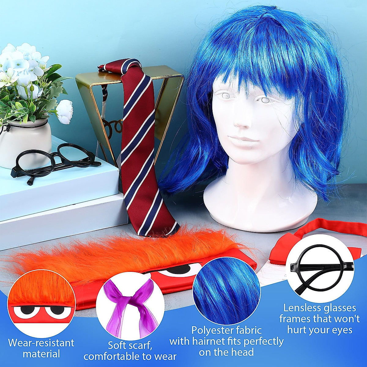 Taiyin 9 Pcs Halloween Group Costume Blue Bob Wig Short Blue Wig Green Wig Movie Characters Halloween Costume Party Cosplay