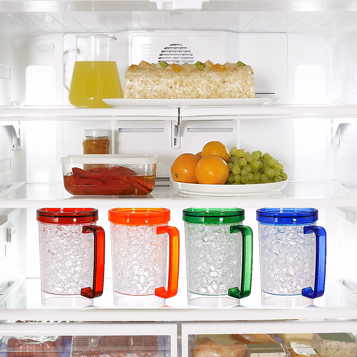 Fasmov Freezer Beer Mugs, 4 Pack Double Wall Gel Frosty Freezer Ice Mugs, Plastic Beer Mugs With Handles for Parties and Gifts, 16oz (Blue, Red, Orange and Green)