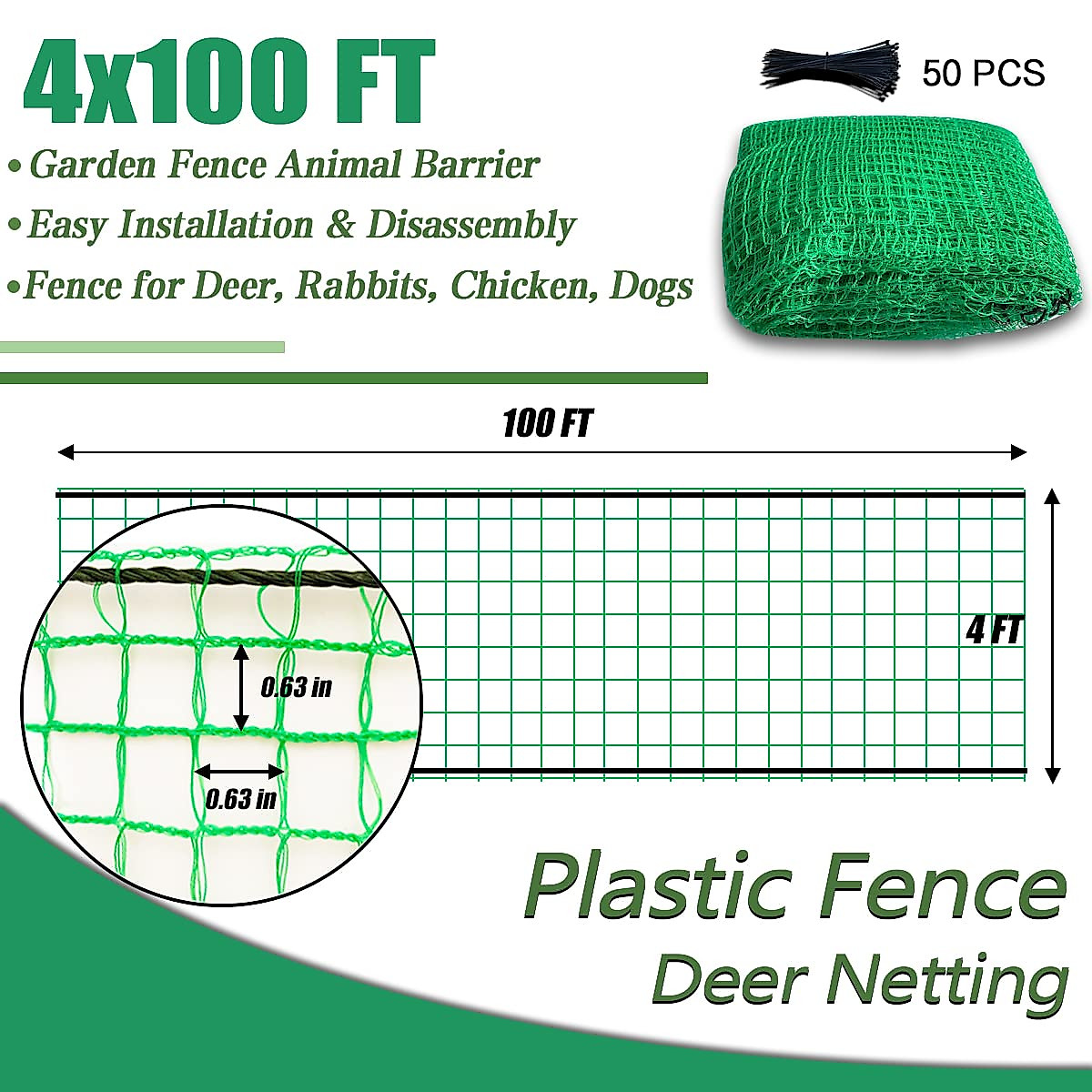 Hortifan Temporary Fence Plastic Mesh Fencing, 4FT x 100FT Garden Bird Netting Safety Fence Snow Fence, Construction Fencing for Deer, Pet, Rabbits, Chicken, Dogs, Animal Barrier, Green