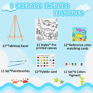Tenceur 12 Sets Pre Drawn Canvas to Paint Paint Your Own Designer Canvas Set Coloring Painting Canvas Panels Pre Stenciled Canvas Boards with Paints and Brushes for Kid Adult(Cute Style)