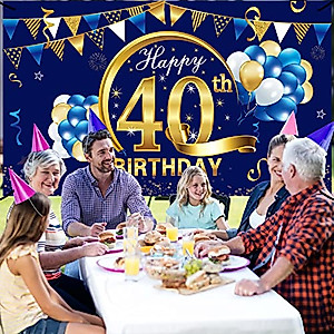 Kauayurk Happy 40th Birthday Banner Decorations for Men - Blue Gold 40 Backdrop Party Supplies Forty Year Old Photo Background Sign Decor, blue 40th