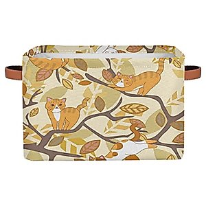 Pardick Large Collapsible Storage Bins ,Animal Cat Tree Decorative Canvas Fabric Storage Boxes Organizer with Handles，Rectangular Baskets Bin for Home Shelves Closet Nursery Gifts