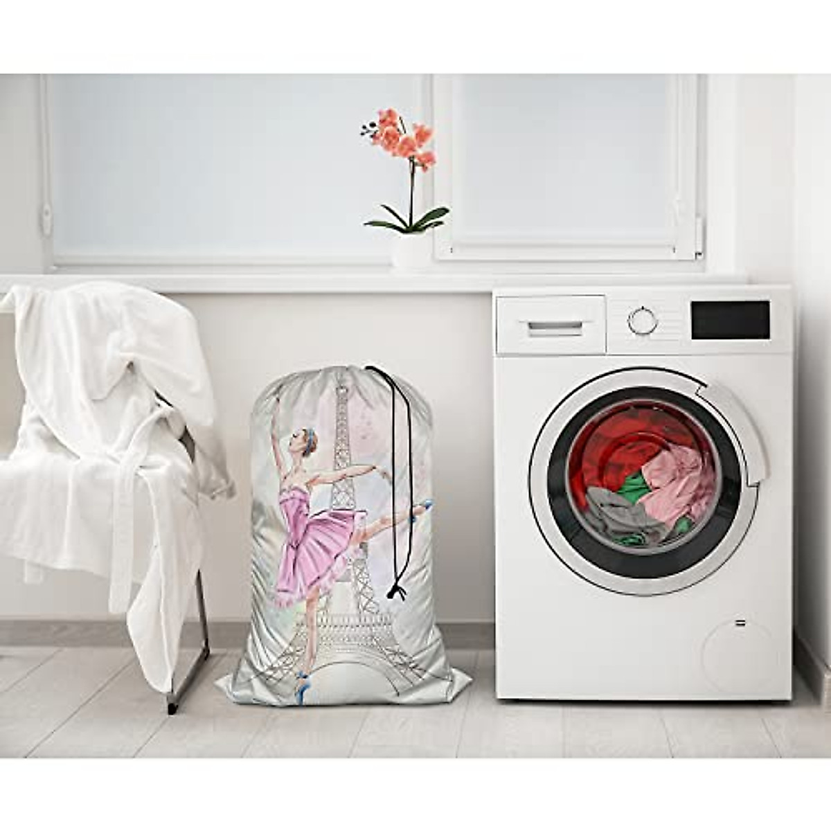Swono Beautiful Ballerina Large Travel Laundry Bag Washable Wet Dry Bag Large Dirty Clothes Bag Dancer Posing Dancing on Eiffel Tower Bathing Suit Workout Bag for Gym Clothes Laundry Wet Clothes