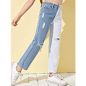 Floerns Girls Colorblock High Waist Ripped Jeans Destroyed Denim Pants White Blue Multi 160