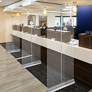 BannerBuzz Floor Standing Sneeze Guard - Full Tarp with Steppy Retractable Stand Isolation Barrier - Clear Film Protective Shield for Cafes, Retail Stores, Cashier, Receptionist (4' x 6.5')