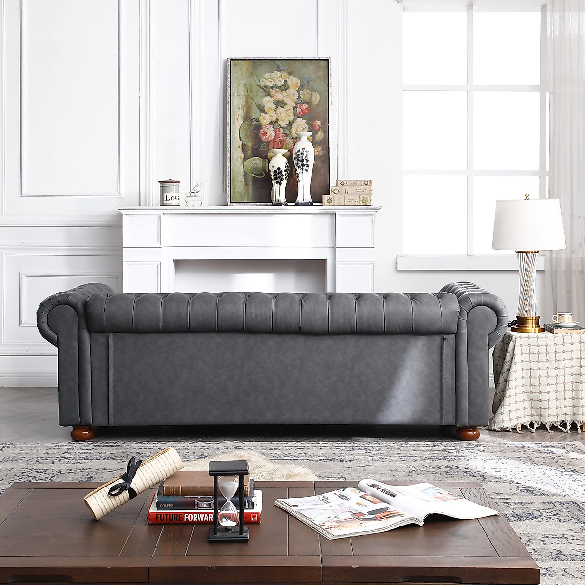 YuiHome Classic Chesterfield Sofa Leather, Modern PU Tufted Couch 3 Seater with Rolled Arms and Nailhead for Living Room, Bedroom, Office, Apartment,Dark Grey