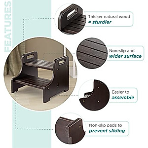 2BHOME Wooden Heavy Duty 2 Step Stool - Holds up to 300Lb for Kitchen/Bathroom/Bedside Step Stool (Walnut)