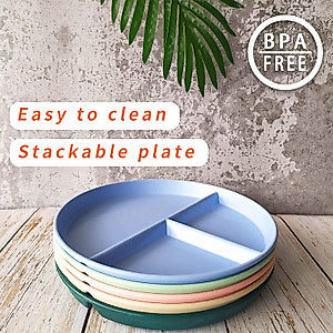 DLF. DONGLINFENG Unbreakable 9 Inch Wheat Plastic Round Divided Dinner Plate Set Of 5 (Divided Plate/Picnic Plate/Salad Plate)