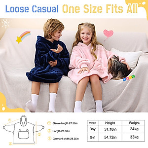 Aemilas Wearable Blanket Hoodie, Oversized Flannel Blanket Sweatshirt with Hood Pocket and Sleeves, Cozy Warm Plush Hooded Blanket for Kids Youth Boys Girls, One Size Fits All (Light Pink), Big Kid